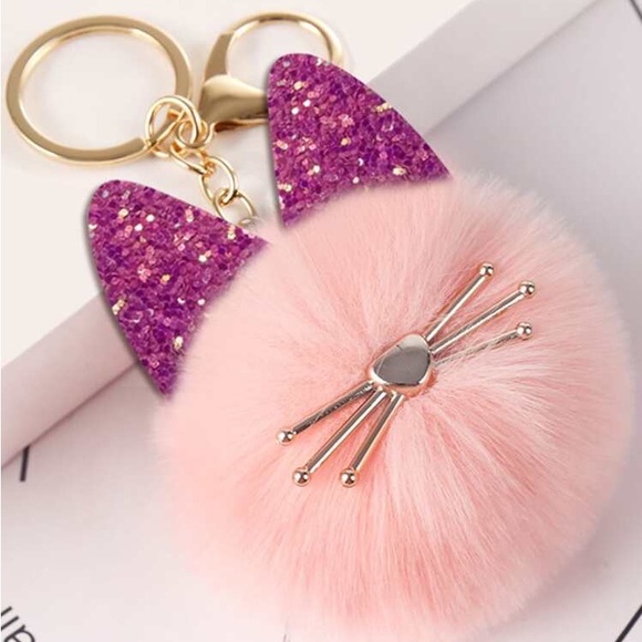 Accessories | Plush Pink Glitter Cat Faux Fur Pom Pom Charm Keychain ...